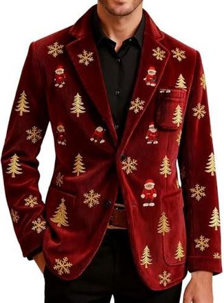 Generic Blazer de Noël pour homme, veste en velours côtelé pour homme, blazer de Noël moche pour homme, costume festif, coupe ajustée, veste de costume fantai