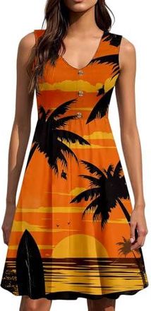 Generic Robe longue d&eacute;t&eacute; sans manches avec col en V et imprim&eacute; floral pour femme 2026, Orange, XXL