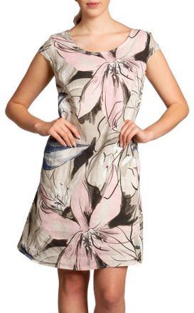 CASPAR Fashion Sommerkleid SKL035 knielanges elegantes Damen Leinenkleid mit Bl&uuml;ten Print Luftig leicht, figurumspielende Form, mit seitlichem Jersey-Einsatz