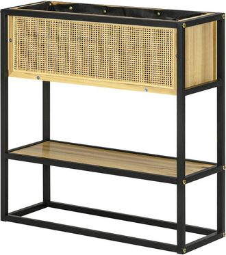 OUTSUNNY Jardinière sur pied style naturel - géotextile inclus, étagère intégrée - métal noir bois sapin verni bambou tressé