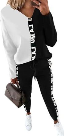 Onsoyours Femme Printemps Ensemble de Survêtement Sweat Imprimé Sweatshirt Pantalon de Joggings Tenue de Sport Décontracté Streetwear E Noir et Blanc M