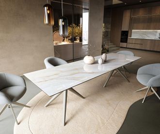 DELIFE Esstisch Edge 300x100 cm Keramik Onyx Pearl Estelar rund Metall Effektfinish Titan, Esstische