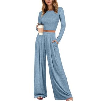 Generic Tenues deux pi&egrave;ces pour femme - Haut court &agrave; manches longues - Pantalon large - Ensembles assortis, bleu, XXL