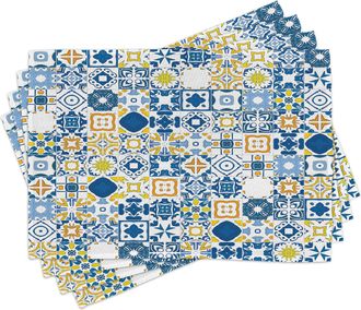 Abakuhaus Gelb und Blau Platzmatten, Mosaik Azulejo, Waschbare Stoff Esszimmer Küche Tischdekorations Digitaldruck, Gelb