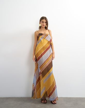 Topshop Robe longue en organza avec bustier pliss&eacute; et rayures-Multi