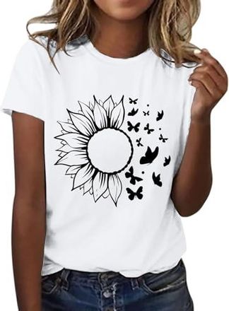 Generic Vente Flash T-Shirt à Manches Courtes et col Rond pour Femme Motif Tournesol et Papillon, A01 Blanc, L Mes Commands