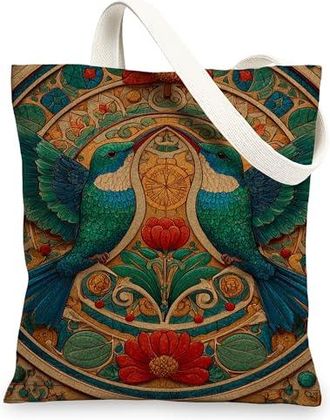 Generic Sacs fourre-tout en toile motif oiseaux artistiques, sacs dépicerie réutilisables, vintage ornés légers et lavables avec bandoulière, multicolore, 13x