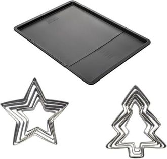 Zenker 9987550 Ensemble plaque &agrave; p&acirc;tisserie extensible avec 5 emporte-pi&egrave;ces &eacute;toiles et 5 emporte-pi&egrave;ces sapins, biscuits de No&euml;l, sapin, &eacute;toiles, Acier Inox