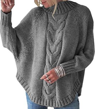 Onsoyours Femmes Pull Tricoté Col Rond Solide Couleur Col Roulé Chandail Casual Pull à Manche Longue Sweater Chaud Tricot Hauts Pullover Tops Gris 48