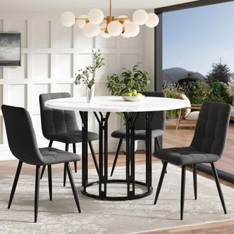 Generic Modernes Tisch mit 4 St&uuml;hlen Set - 5-teiliges Esszimmerm&ouml;bel mit rundem Esstisch in Marmoroptik, stabilem Metallgestell, Leinenst&uuml;hlen, platzsparend &