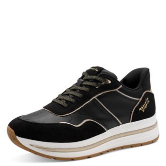 Tamaris Plateausneaker TAMARIS, Damen, Gr. 36, schwarz, Lederimitat, Textil, Schuhe Plateausneaker, Freizeitschuh, Halbschuh, Schn&uuml;rschuh mit Kontrast-Paspell