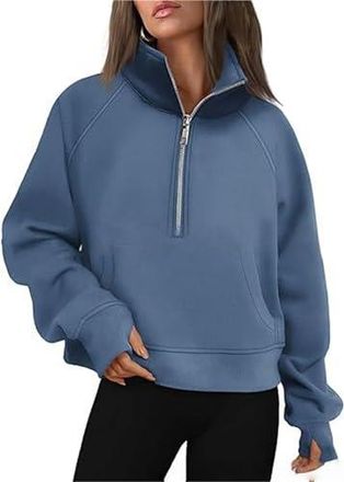 Generic Pull dhiver ample en polaire à col montant pour femme avec demi-fermeture éclair, bleu marine, XL