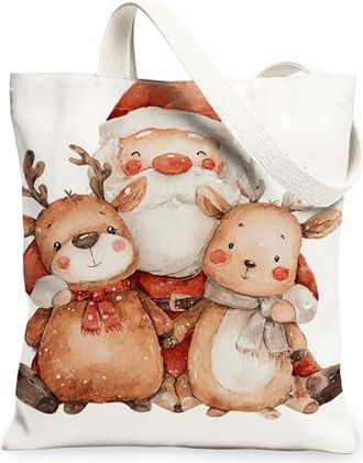 Generic Sacs fourre-tout en toile avec motif danimaux de No&euml;l, P&egrave;re No&euml;l et renne, r&eacute;utilisables, l&eacute;gers et lavables avec bandouli&egrave;re F, Blanc, 13x15 Inch