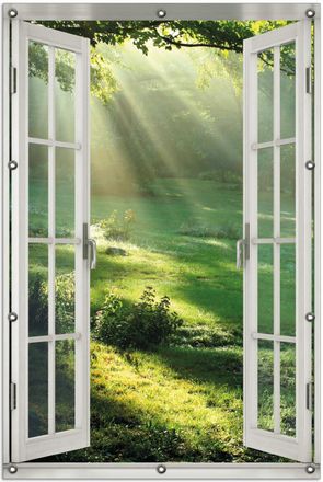Wallario Outdoor-Poster für Garten oder Balkon Sonnenstrahlen im Wald, Motivbanner Größe: ca. 100 x 150 cm mit Fenster-Illusion