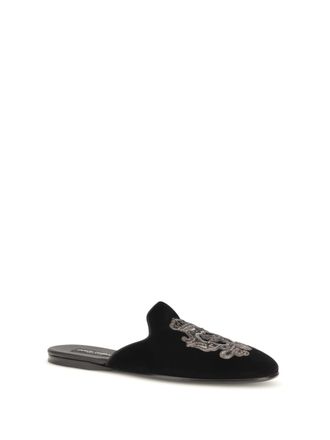 Dolce & Gabbana Velvet with Embroidered Crest Slippers - Black