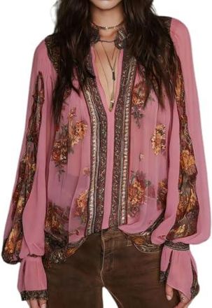 Generic Haut d&eacute;contract&eacute; boh&egrave;me vintage imprim&eacute; floral pour femme d&eacute;contract&eacute; ample &agrave; manches longues T-shirt transparent, col en V imprim&eacute; &agrave; manches longues,