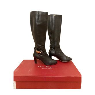 Ferragamo Ferragamo Black Leather Gancini Buckle Knee Boots Size 40