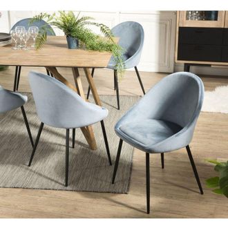 Macabane TOM - Lot de 2 chaises tissu velours bleu pieds métal noir