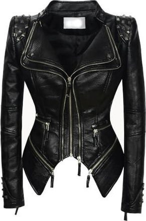 Generic ZBDZSW Veste de moto en cuir synthétique pour femme Coupe ajustée Style punk Rivet, 076-pinjie-hei, XXS