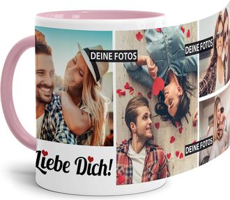 Tassendruck Fototasse mit Spruch - Ich Liebe Dich - zum Selbst gestalten personalisiert mit 4 Fotos, Innen & Henkel Rosa, 300 ml