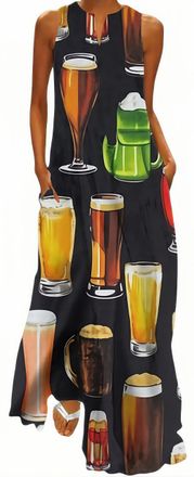 Ocean Plus Damen Muster Maxikleid V-Ausschnitt Kleid mit Stecktaschen und Weitem Rock (M, Verschiedene Biergläser)