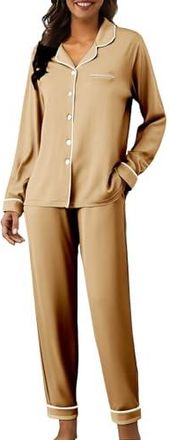 Generic Stain Combinaison dint&eacute;rieur pour femme - Long pyjama &agrave; manches longues avec boutonni&egrave;re - V&ecirc;tement de nuit - Col en V - Deux pi&egrave;ces - Haut et pantalo