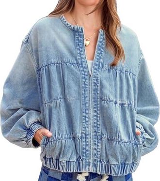 Generic Blouson bomber court en jean pour femme - Automne Boyfriend Y2K - Col rond - Fermeture &eacute;clair - Sans col, bleu clair, XL