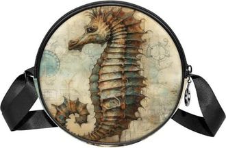 Generic Petit sac &agrave; bandouli&egrave;re rond pour femme, motif hippocampe, sac &agrave; dos &agrave; bandouli&egrave;re r&eacute;glable avec fermeture &eacute;clair, sac &agrave; main rond d&eacute;contract&eacute; pour fe