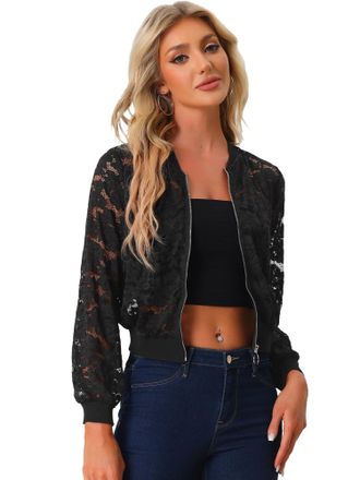 Allegra K Damen Spitzen Jacken Durchsichtige Mesh Netzstoff Reißverschluss Blumenmuster Bomberjacke Schwarz XL