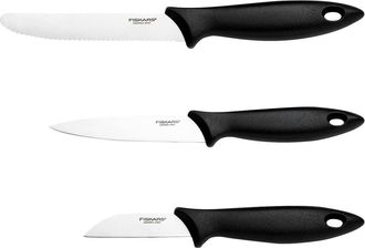 Fiskars Gemüsemesser-Set, 3-teilig, Schälmesser, Gemüsemesser, Tomatenmesser, Essential, Edelstahl / PP-Kunststoff, Schwarz, 1065584
