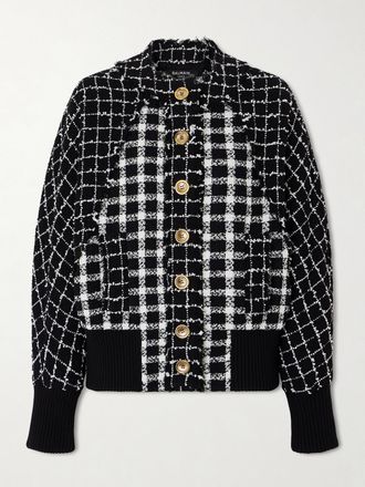 Balmain Bomberjacke Aus Boucl&eacute;-tweed Mit Karomuster Und Fransen - Schwarz