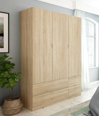 Dmora Armoire Weymouth, Meubles de Chambre avec 3 Portes et 2 tiroirs, Cintre, 135x52h200 cm, Chêne