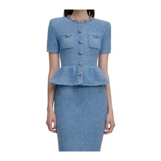 Self Portrait Femme, Pulls, Bleu, Taille: 40 FR Robe Midi Tricot&eacute;e Avec Basque