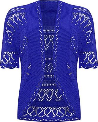 WearAll Boléro Cardigan Ouvert Tricoté Crochet à Manches Courtes - Hauts - Femme - Bleu Royal - 46-48