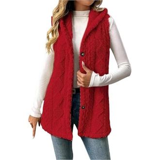 Generic Vestes dext&eacute;rieur &agrave; capuche en polaire boutonn&eacute;e pour femme, gilet long en polaire doux et confortable avec boutons, Rouge, XXL