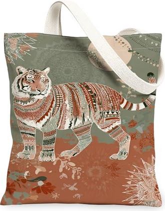 Generic Sacs fourre-tout en toile &agrave; motif floral tigre, sacs d&eacute;picerie r&eacute;utilisables, inspir&eacute;s de lautomne, l&eacute;gers et lavables en toile F, vert, 13x15 Inch