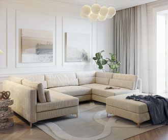 DELIFE Wohnlandschaft Elio 300x185 cm Cord Beige mit Hocker, Wohnlandschaften