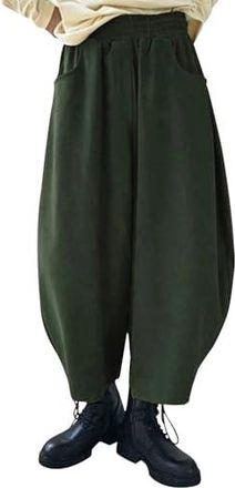 Generic Pantalon baril en velours c&ocirc;tel&eacute; pour femme - Jambe large - Pantalon vintage mi-baggy - Taille &eacute;lastique - Pantalon en velours c&ocirc;tel&eacute; - Pantalon sarou