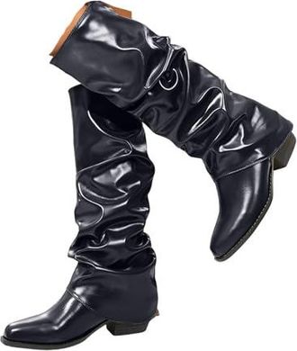 Generic Bottes déquitation montantes pour femme - Bottes plates et souples à bout rond - Cuir brillant - Large mollet - Talons blocs - Tendance - Vintage - Co