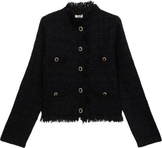 Oltre Femme, Pulls, Noir, Taille: 46 FR Cardigan en m&eacute;lange de laine avec franges et boutons