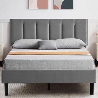 VECELO Gepolstertes Doppelbett, 140 x 190 cm, mit verstellbarem Kopfteil, rutschfest und ger&auml;uschlos, Samtstoff, Lattenst&auml;nder aus robustem Holz, einfach zu 