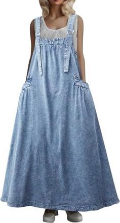 Minetom Robe en Jeans Salopette Femme Grande Taille Maxi Robe Été Vintage sans Manche Robe en Denim Longue Robe Salopette avec Poches A Bleu Clair XL