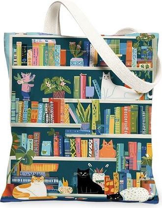 Generic Sacs fourre-tout en toile motif chat artistique, sacs d&eacute;picerie r&eacute;utilisables, l&eacute;gers et lavables avec bandouli&egrave;re en toile, Multicolore, 13x15 Inch
