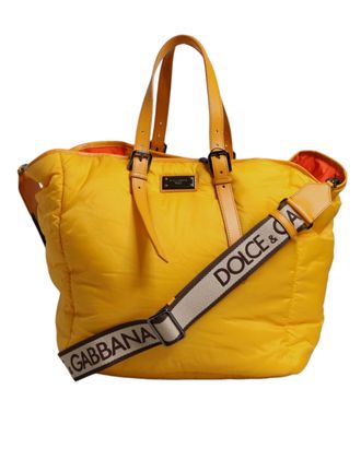 Dolce & Gabbana Mens Yellow Orange Nylon Logo Plaque Hand Shoulder Duffle Bag Pu Leather Calf