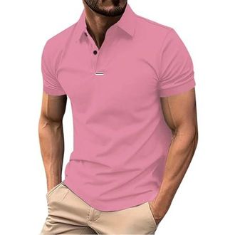 Generic Polo pour homme europ&eacute;en, pur, color&eacute; et polyvalent avec col ample, boutonni&egrave;re, col ouvert, manches courtes de sport c&ocirc;tel&eacute;es, Rose, 3XL