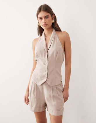 Nobody's Child Moss - Top densemble style gilet de tailleur en lin m&eacute;lang&eacute; ajust&eacute; &agrave; dos nu - Beige-Neutral