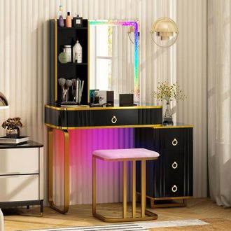Costway Costway - Schminktisch mit LED-Beleuchtung, Frisiertisch mit 7 dynamischen & 7 statischen dimmbaren LED-Leuchten, kabelloser Ladestation