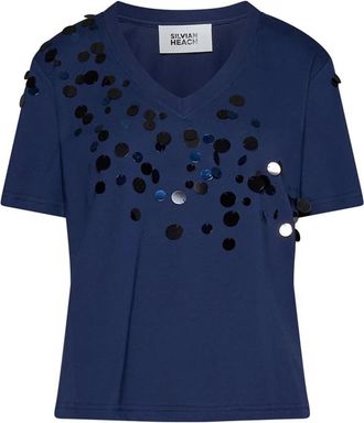 Silvian Heach Femme, Tops, Bleu, Taille: 34 FR T-shirt &agrave; Col V avec Applications D&eacute;coratives