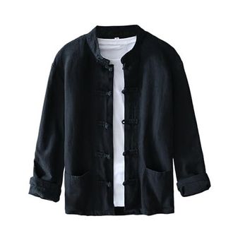 Generic Hommes Manches Longues Style Tang-Style Kung Fu Uniforme - Chemise à Bouton Traditionnelle Grenouille Légère Veste Inspirée Chinois pour Casual, Noir,