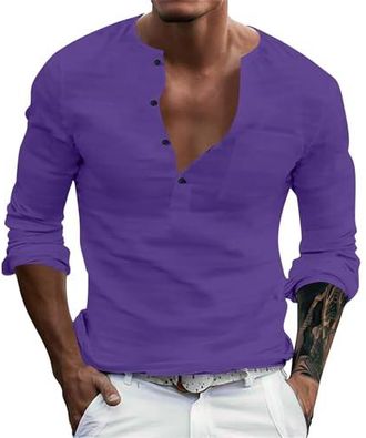 Generic T-shirt &agrave; manches longues pour homme - Style vintage - En coton - Grandes tailles - Col montant - Chemise de plage - Col rond - Chemise d&eacute;t&eacute; &eacute;l&eacute;gante 